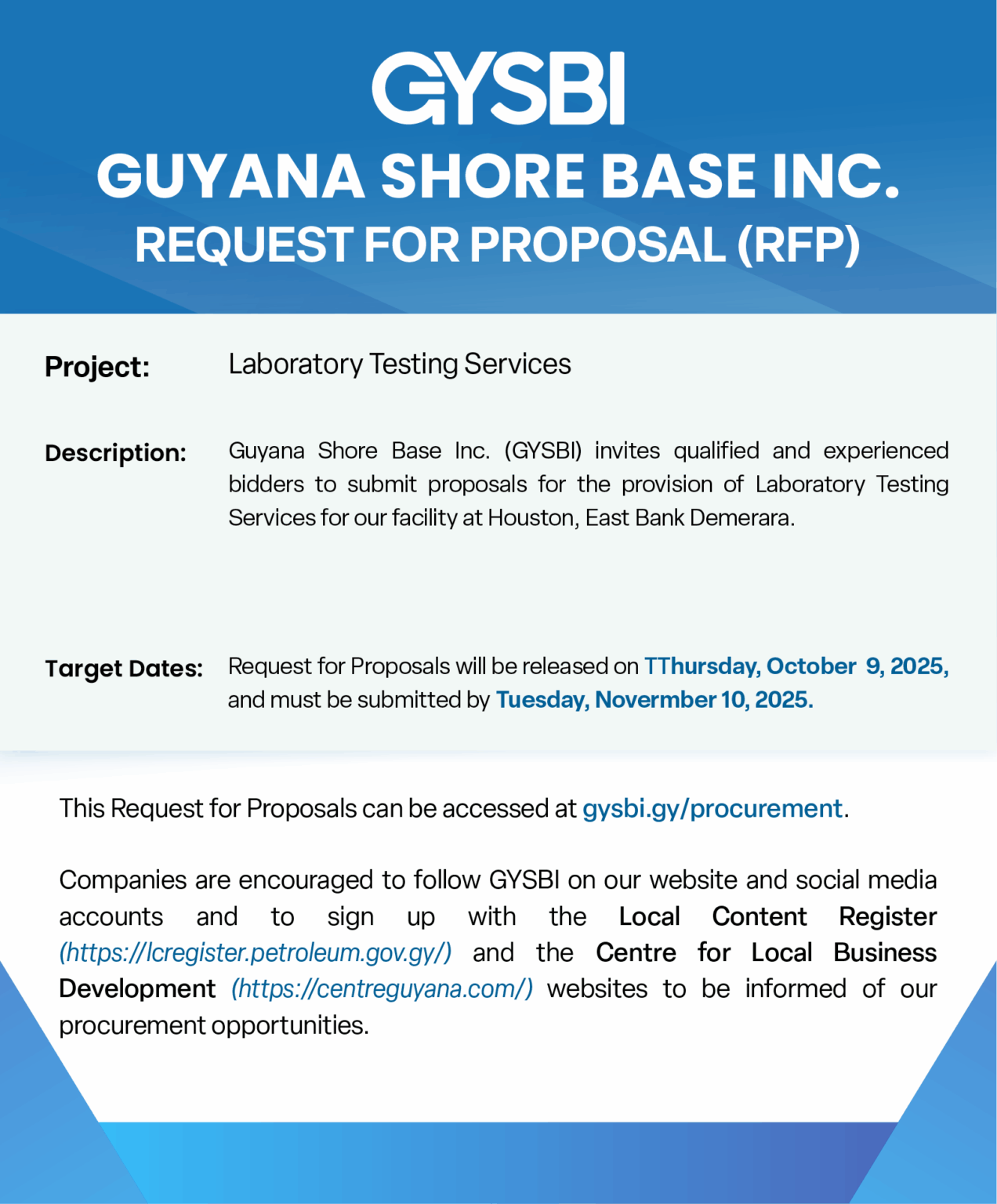 RFP – PROVISION OF LABORATORY TESTING SERVICES – GYSBI